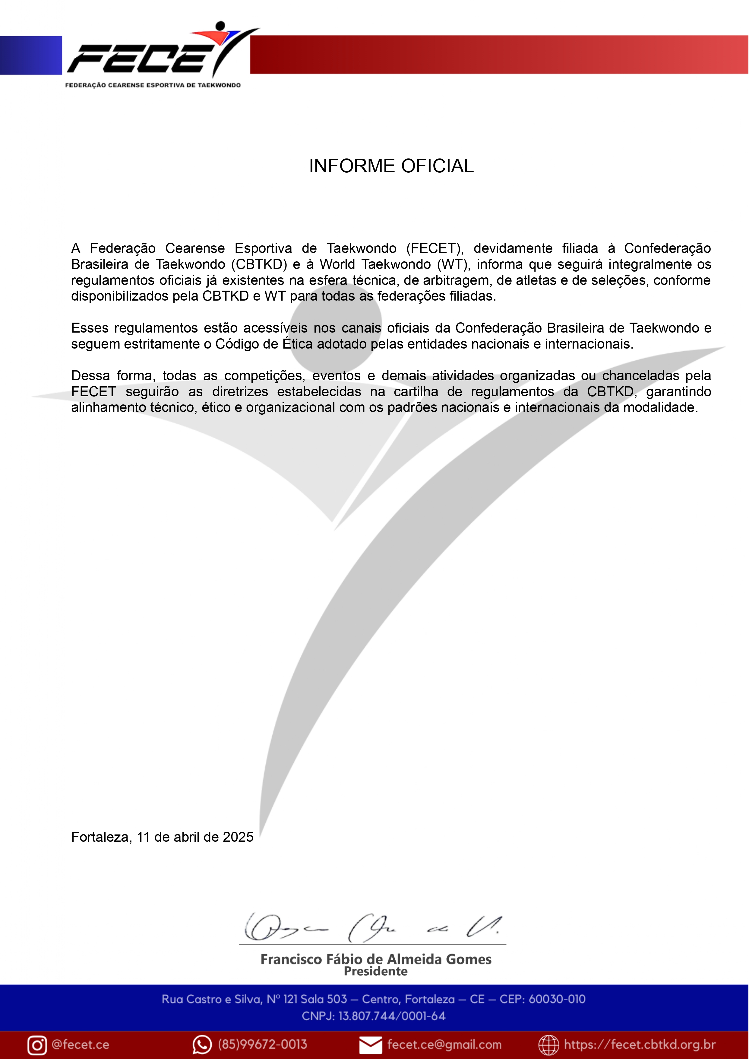 👉INFORME OFICIAL👈 – Federação Cearense Esportiva de Taekwondo FECET